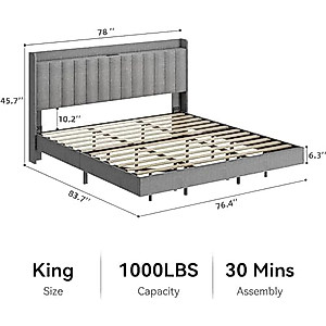 GarveeHome King Floating Bed Frame with Charging Station & Storage Headboard, Upholstered Platform King Size Bed Frame with LED Lights, Solid Wood Slats, Gray