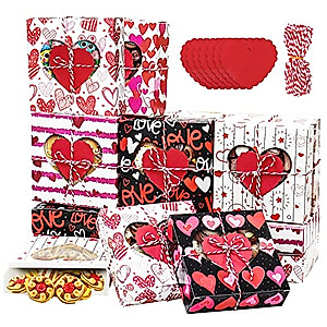 16Pcs Valentines Day Cookie Boxes-5 inch Valentine's Day Treat Boxes Candy Boxes with Window Hearts Valentines Dessert Box with Tags&Rope for Cake Chocolate Biscuits Giving Baking Wrapping and Packaging
