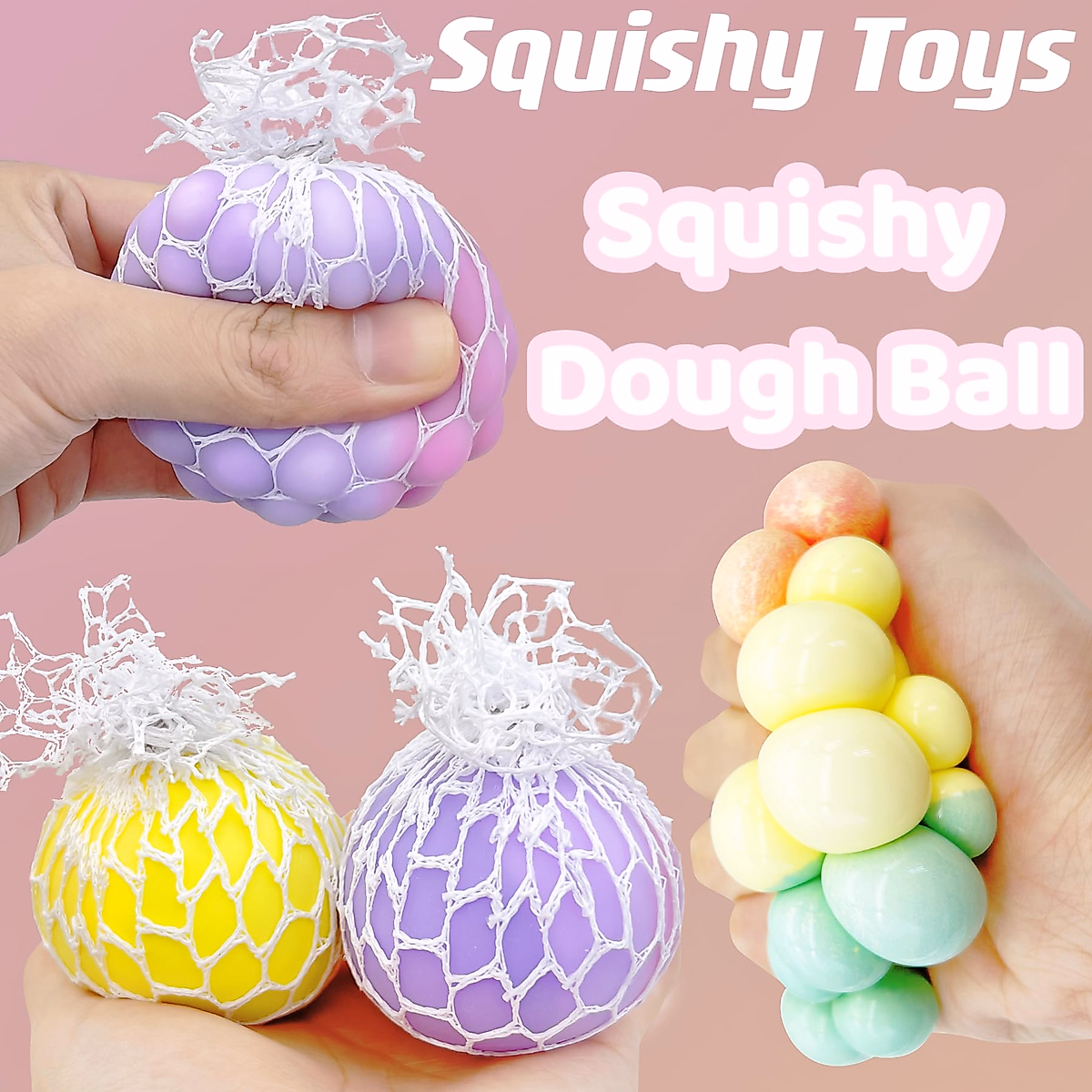 Stress Balls for Kids Fidget Toys Adults Mesh Grape Stress Ball (4Pack) Squishy Toys Fidget Squish Dough Ball Autism Sensory Toys for Autistic Children Stress Relief Toy Party Favors for 8-12