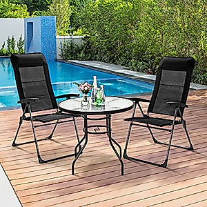 Goplus Folding Patio Sling Chairs, Portable Dining Chair with Headrest, 7 Level Adjustable Backrest, Outdoor Sling Back Chairs for Camping Backyard Garden, Set of 2