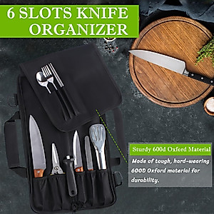 BLIRITEL Chef Knife Roll Bag, 6 Slots Knife Organizer Holds 5 Knives Plus a Protected Pouch for Your Knife Steel, Knife Carrier Case with Handle and Shoulder Strap (Bag Only)