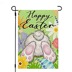 CROWNED BEAUTY Happy Easter Bunny Tail Garden Flag Floral 12x18 Inch Double Sided for Outside Burlap Small Yard Holiday Decoration CF704-12