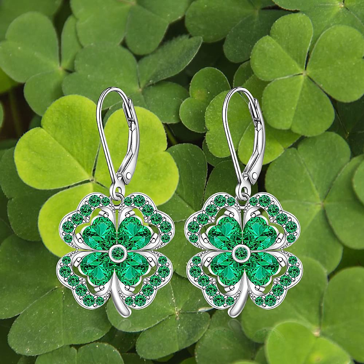 Shamrock Earrings St Patrick’s Day Earrings Four Leaf Clover Earrings for Women Sterling Silver Lucky Dangle Drop Green Clover Irish Celtic Gifts