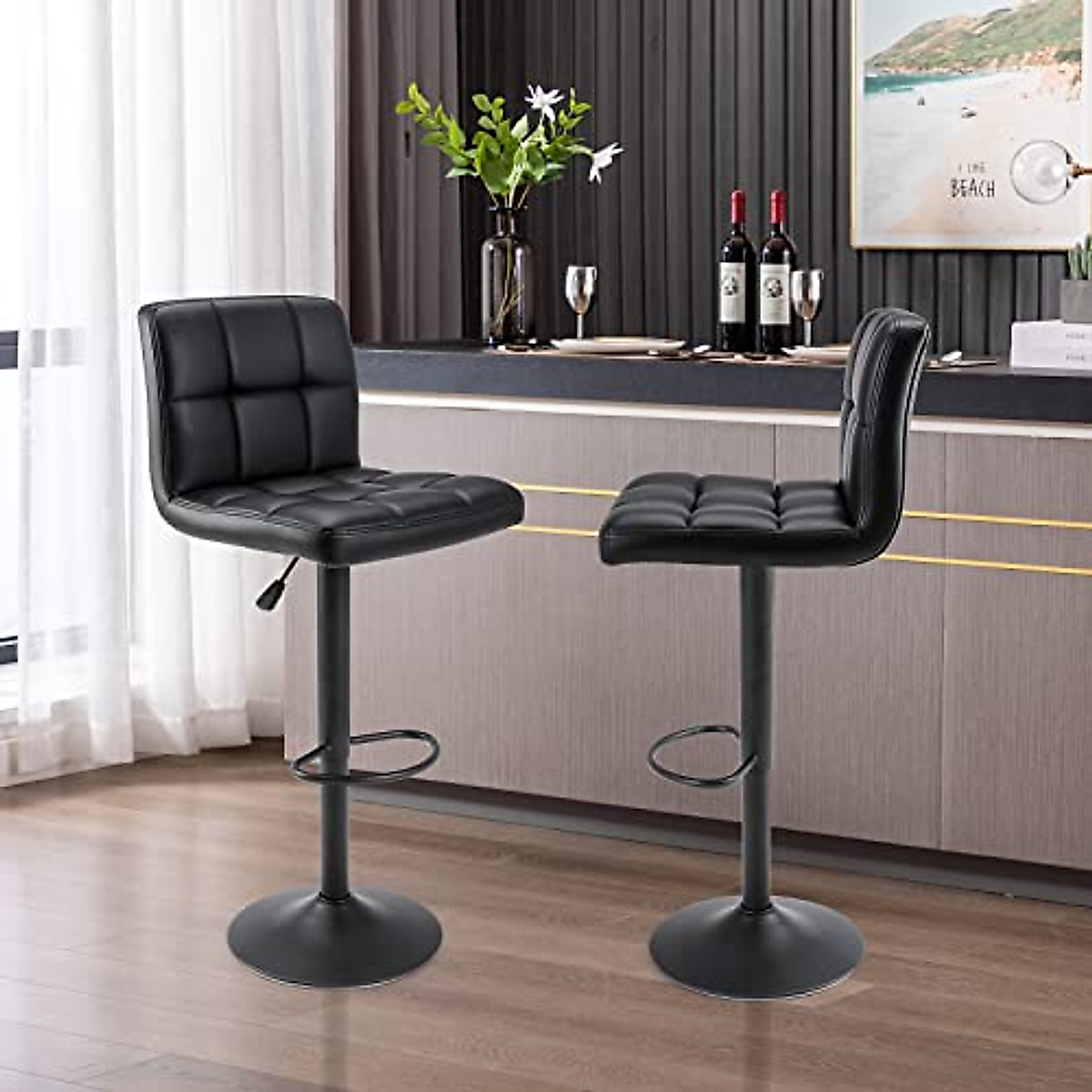Vogue Furniture Direct PU Leather Square Bar Stools, Modern Adjustable Swivel Barstools with Back, Armless Airlift Counter Height Chairs for Kitchen Dining Pub Cafe, Set of 2 (Black, Black Base)