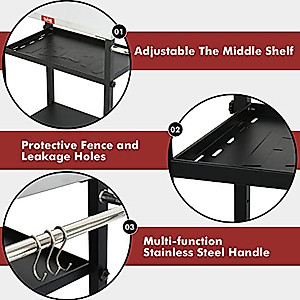 Feasto Rolling 3-Tier Adjustable Outdoor Pizza Oven Table and Food Prep Cart Table, Home and Outdoor Multifunctional Stainless Steel Table Top Worktable on Four Wheels, L34’’x W16.1’’x H33’’