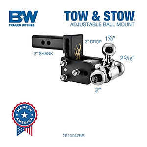 B&W Trailer Hitches Tow & Stow Adjustable Trailer Hitch Ball Mount with Browning Logo - Fits 2" Receiver, Tri-Ball (1-7/8" x 2" x 2-5/16"), 3" Drop, 10,000 GTW - TS10047BB