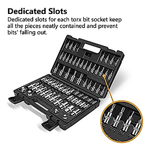 MulWark 64-Piece Master-Torx-Automotive-Mechanics-Tool | 3/8, 1/4, 1/2 in. Drive Torx Bit Socket and External Torx Socket Set w./ Impact Adapter and Reducer | S2 and Cr-V Steel