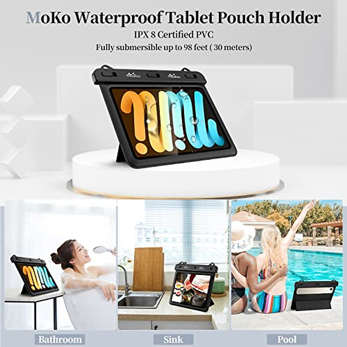 MoKo Waterproof Tablet Case Compatible with Fire HD 8/Fire 7, iPad Mini 6/5/4/3, Galaxy Tab Pro 8.4, Tab S2/Tab E/Tab A 8.0 8.4 Up to 8.5",Stand Holder Dry Bag for Bathroom Kitchen Stand Pouch, Black