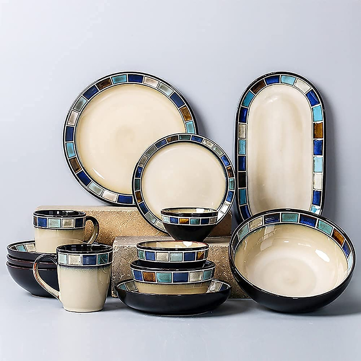 Porcelain Dinnerware SetKitchen Tableware Set,Ceramics Dinnerware Sets, Plates and Bowls Sets | 26 Pcs Blue Kiln Change Glaze Dishes Set - Colorful Plates for Family Outdoor Party