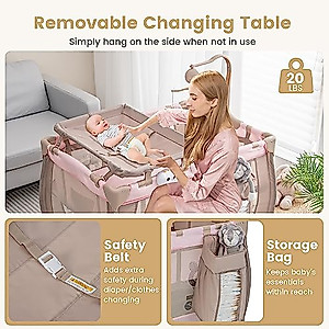 Costzon 3 in 1 Pack and Play with Bassinet, Portable Baby Playard with Changing Table, Bassinet, Music Box, Whirling Toys, Wheels/Brake, Large Basket, Bag, Foldable Travel Crib for Indoor Outdoor