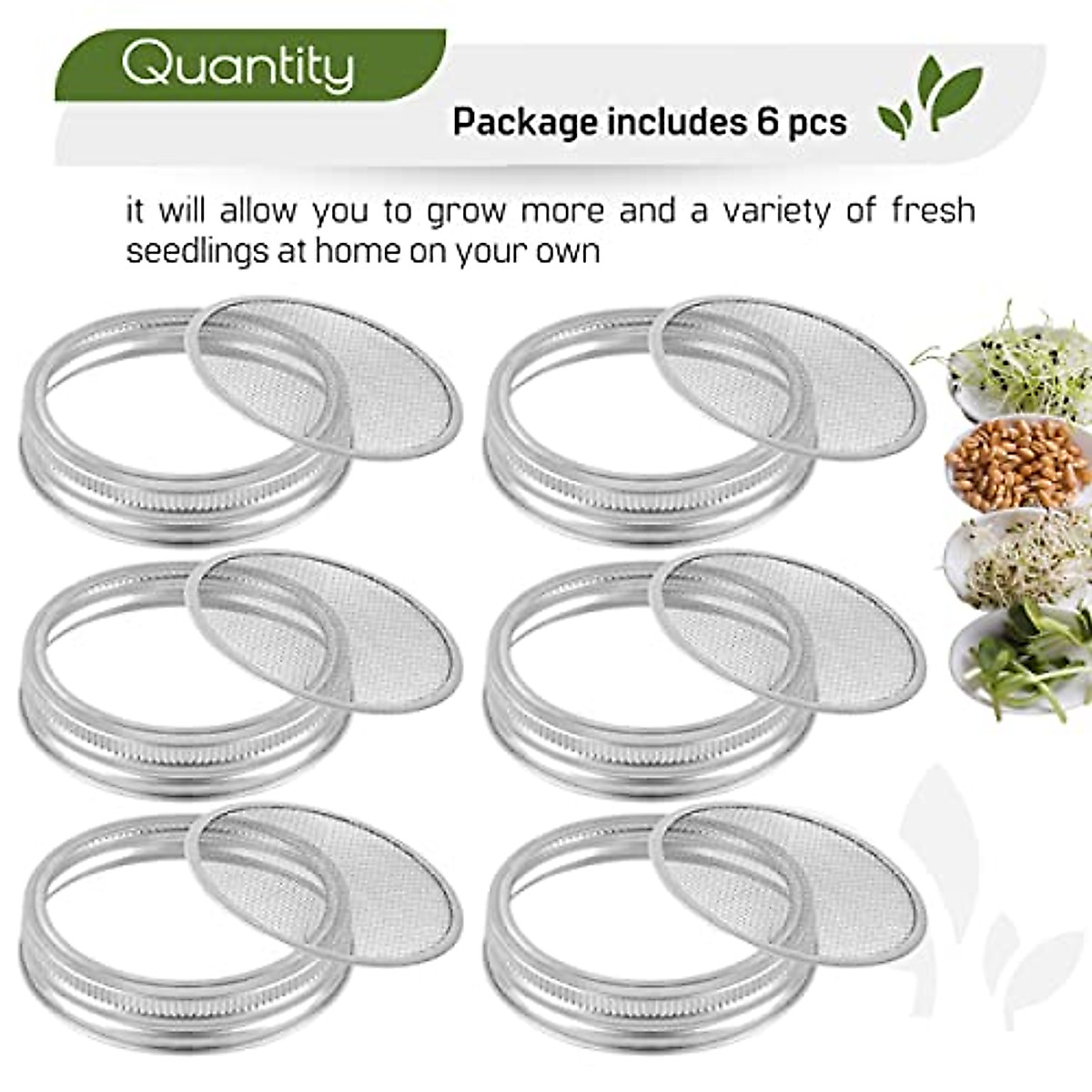 6PCS Stainless Steel Sprouting Lids – Regular Mouth Mason Jars Lids for Germination Kit 304 Stainless Steel Sprouting Jar Mesh Lids for Sprouts Grow Kit for Growing Broccoli Mung Bean Sprouts Alfalfa