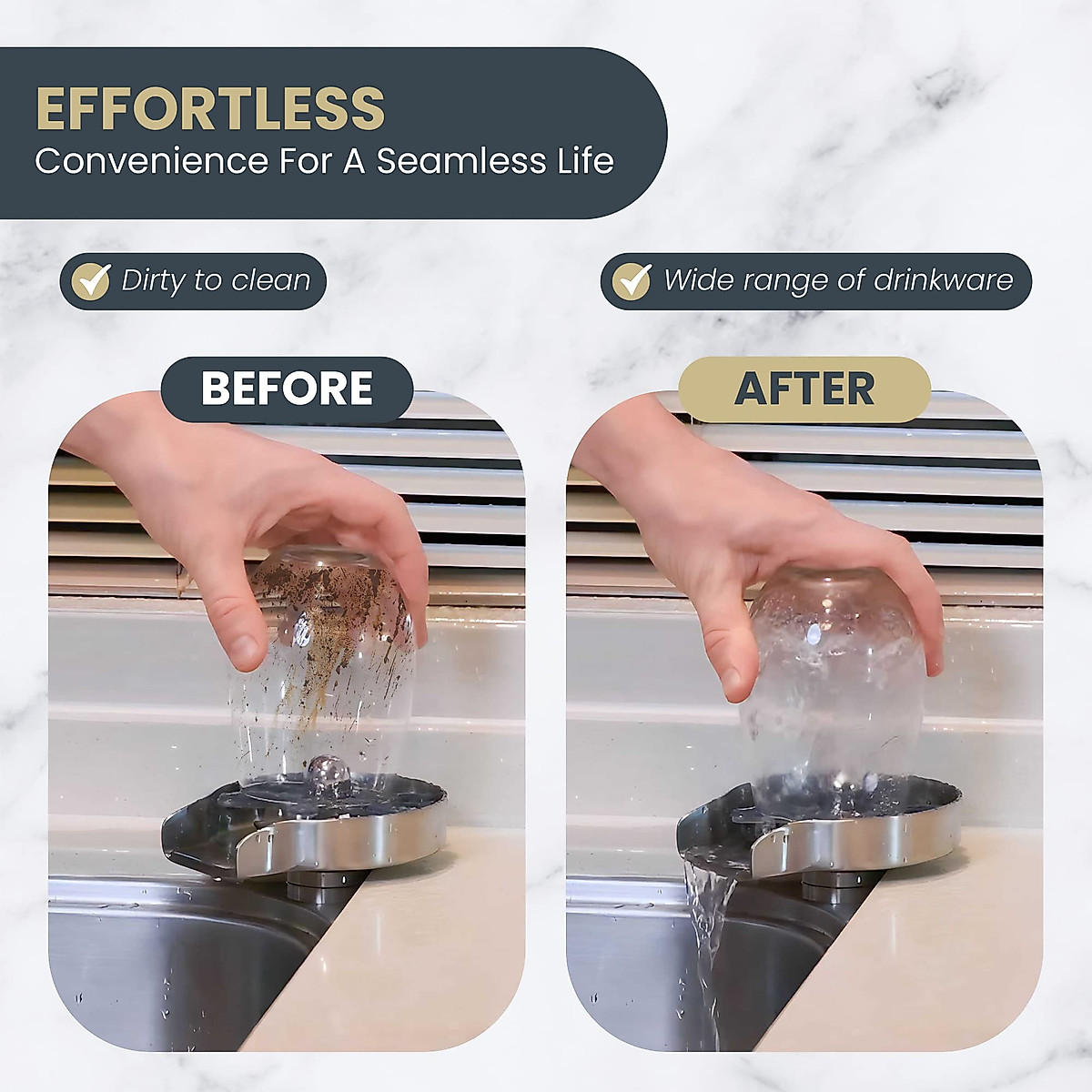 Bravo Outlet Glass Rinser for Kitchen Sink - 360° Rotating Jet Cup Cleaner for Sink w/ 9 High-Pressure Nozzles Glass Washer for Kitchen Sink - SUS 304 Glass Cleaner for Sink and Bottle Washer