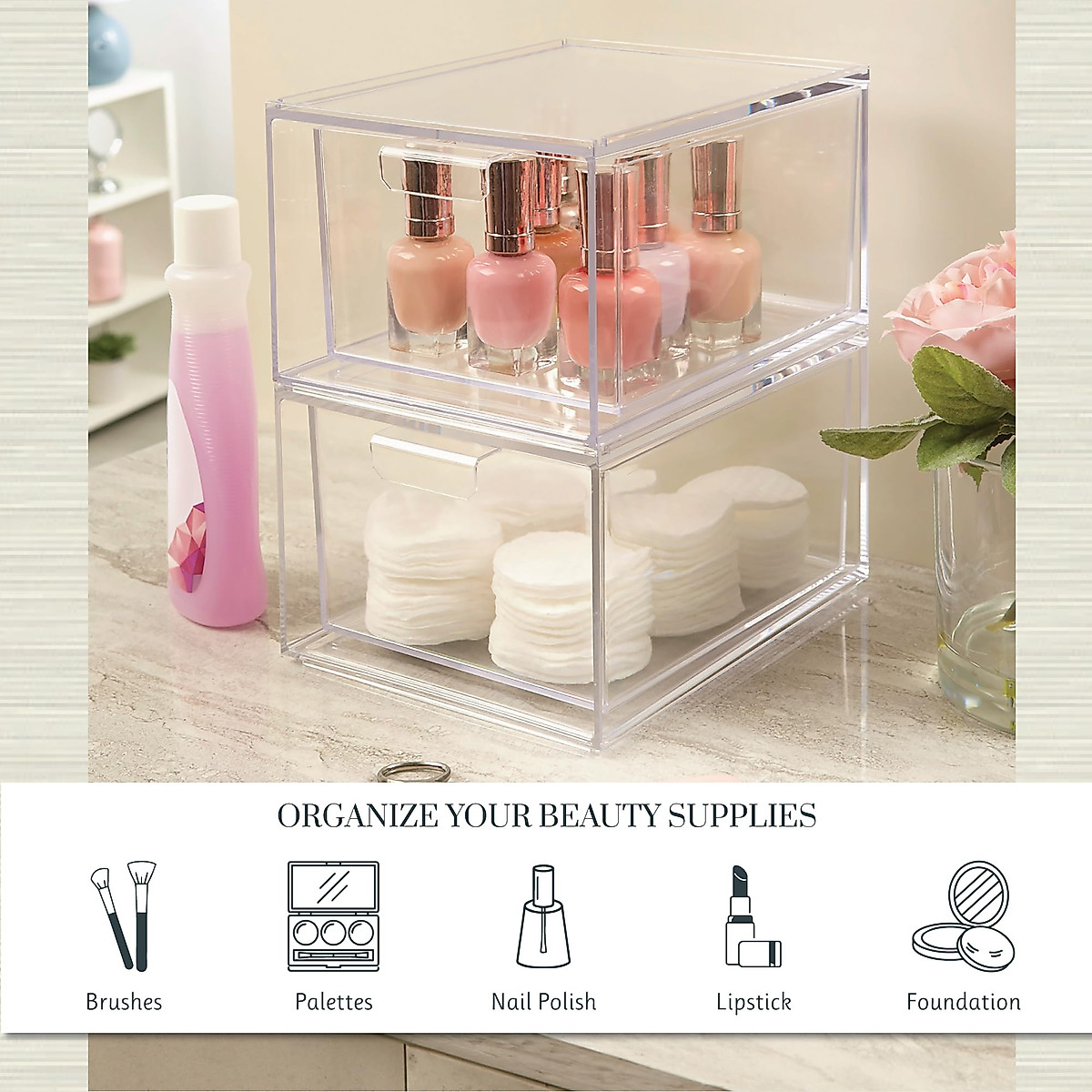 STORi 2-Pack Audrey Stackable Clear Plastic Organizer Drawers | 4.5-Inches Tall | Organize Cosmetics and Beauty Supplies on a Vanity | Made in USA