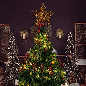 Rattan Natural Star Christmas Tree Topper - Rustic Farmhouse Xmas Treetop with 50 Warm LED Lights for Indoor Christmas Tree Decorations Holiday Seasonal Decor