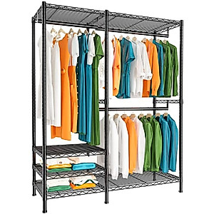 Raybee 77" H Clothes Rack Heavy Duty 705 LBS Capacity Metal Clothing Racks for Hanging Clothes Rack Heavy Duty Adjustable & Portabke Closet Garment Rack 45.3" W X 16.7" D X 77" H Balck