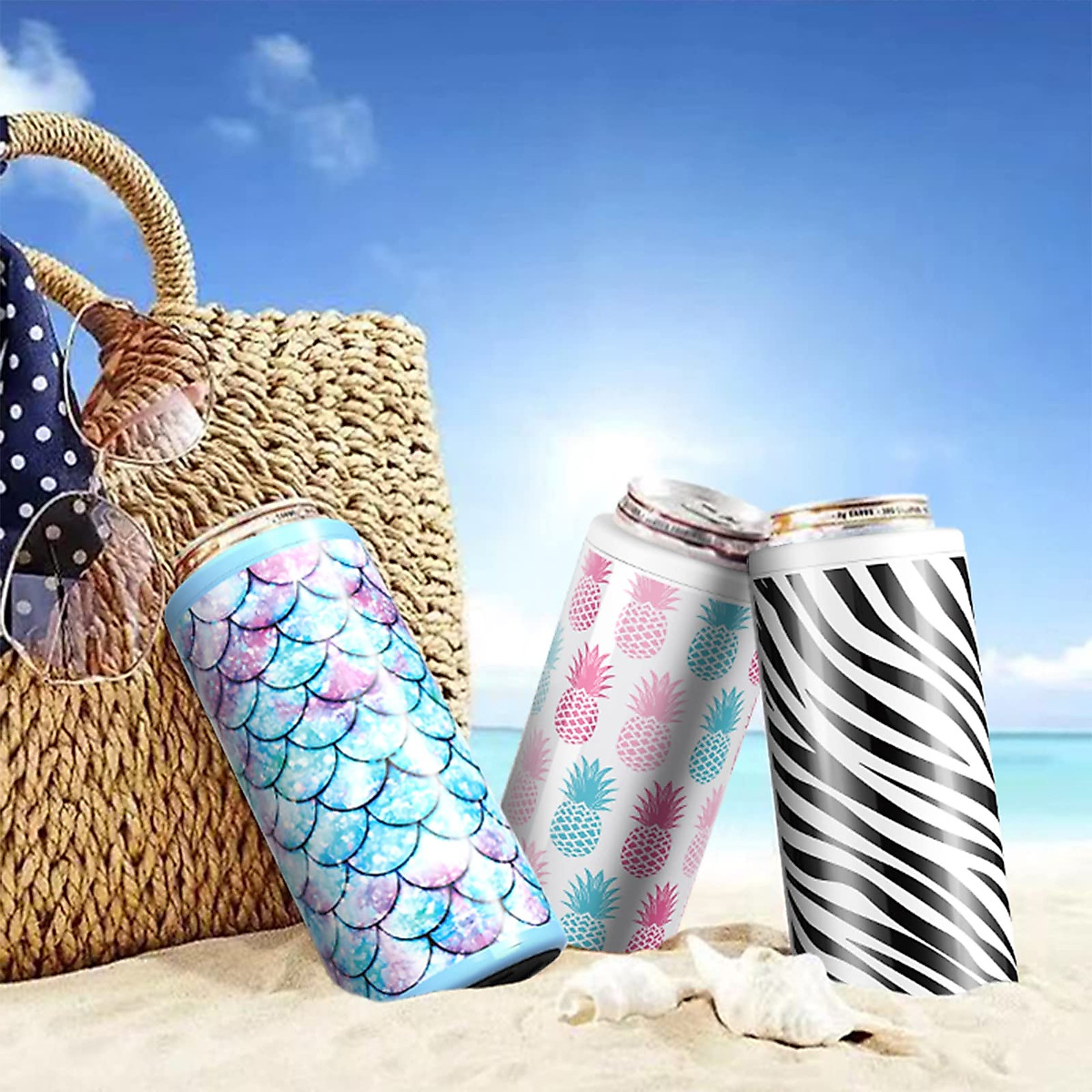 TILUCK Skinny Can Cooler for Slim Beer & Hard Seltzer, Stainless Steel, Doucle-Walled Stainless Steel Insulated Slim Cans, Standard 12 oz (Fish Scales 01)