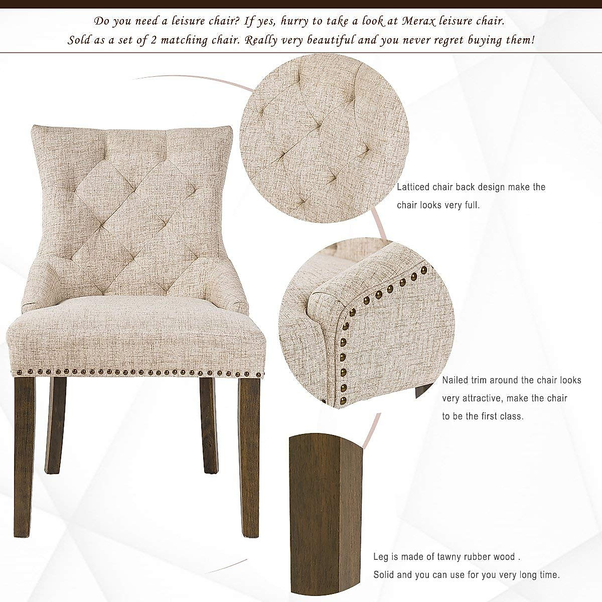 YuiHome Upholstered Dining Leisure Padded Chairs with Armrest and Nailed Trim, (Set of 2),Beige