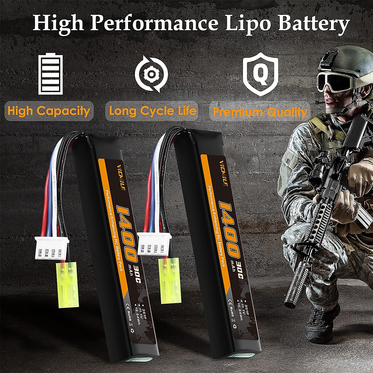 VICMILE Airsoft Battery 11.1V 1400mAh Lipo Battery with Tamiya Plug 30C High Discharge Rate Rechargeable 3S Lipo Battery for Airsoft Model Guns