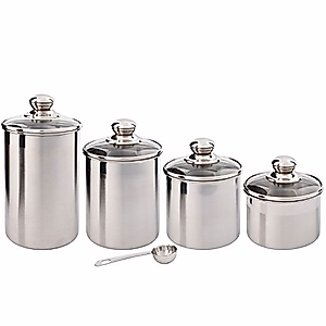 Airtight Canisters Sets for the Kitchen Counter - Stainless Steel Food Storage Containers with Glass Lids for Tea, Coffee, Sugar, Flour - Baking Dry Storage, Metal Pantry Canister - Medium 4PCS