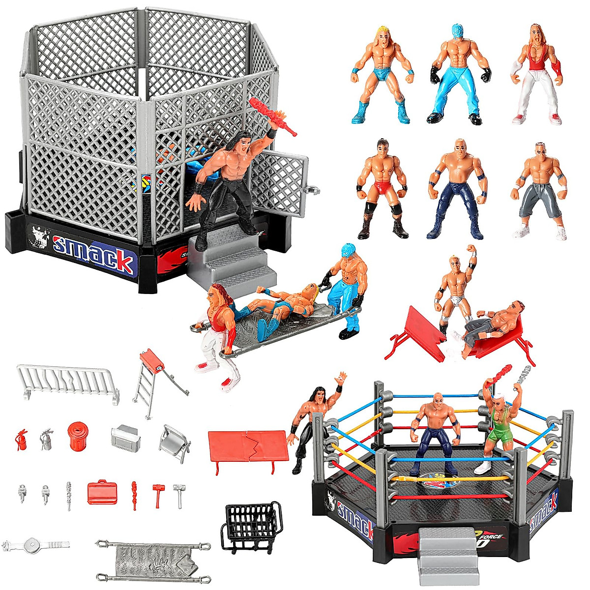 32Pcs Wrestling Toys for Kids, Wrestlers Playset with 12 Wrestling Action Figures, 2 Wrestling Rings, Many Realistic Accessories, Toy Figures & Playset Gift for 2 3 4 5 6 Boys Girls, Cool Cake Toppers
