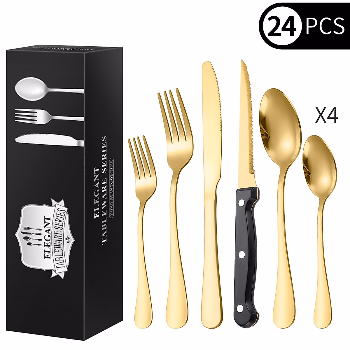 TENWEL 24-Piece Stainless Steel Flatware Set for 4, Stainless Steel Flatware Cutlery Set with Steak Knives, Kitchen Utensil Tableware Set, Includes Spoons Forks Knives for Home Hotel