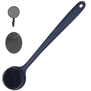 SAMEBUTECO Silicone Bath Brush Body Back Scrubber for Shower & Face Scrubber Set Bath Body Brush with Stainless Steel Inner, Long Handle 11.5 ‘’,Adhesive Free Hook,BPA-Free (3 in 1)