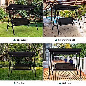 YITAHOME Outdoor Patio Swing Chair, 3 Person Porch Swing with Adjustable Canopy, Weather Resistant Steel Frame, Suitable for Garden, Poolside, Balcony,(Black)