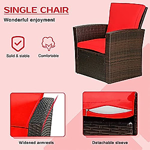 FDW Patio Furniture Sets 4 Piece Rattan Chair Patio Sofas Wicker Sectional Sofa Outdoor Conversation (Brown and Red)