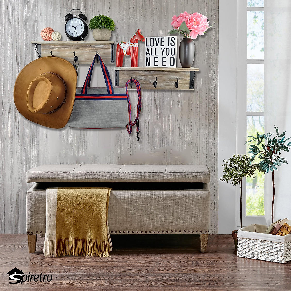 Spiretro Wall-Mounted Coat Hook Rack with Shelf - Set of 2 - Rustic Wood Grey - Entryway Mudroom Bathroom Organizer