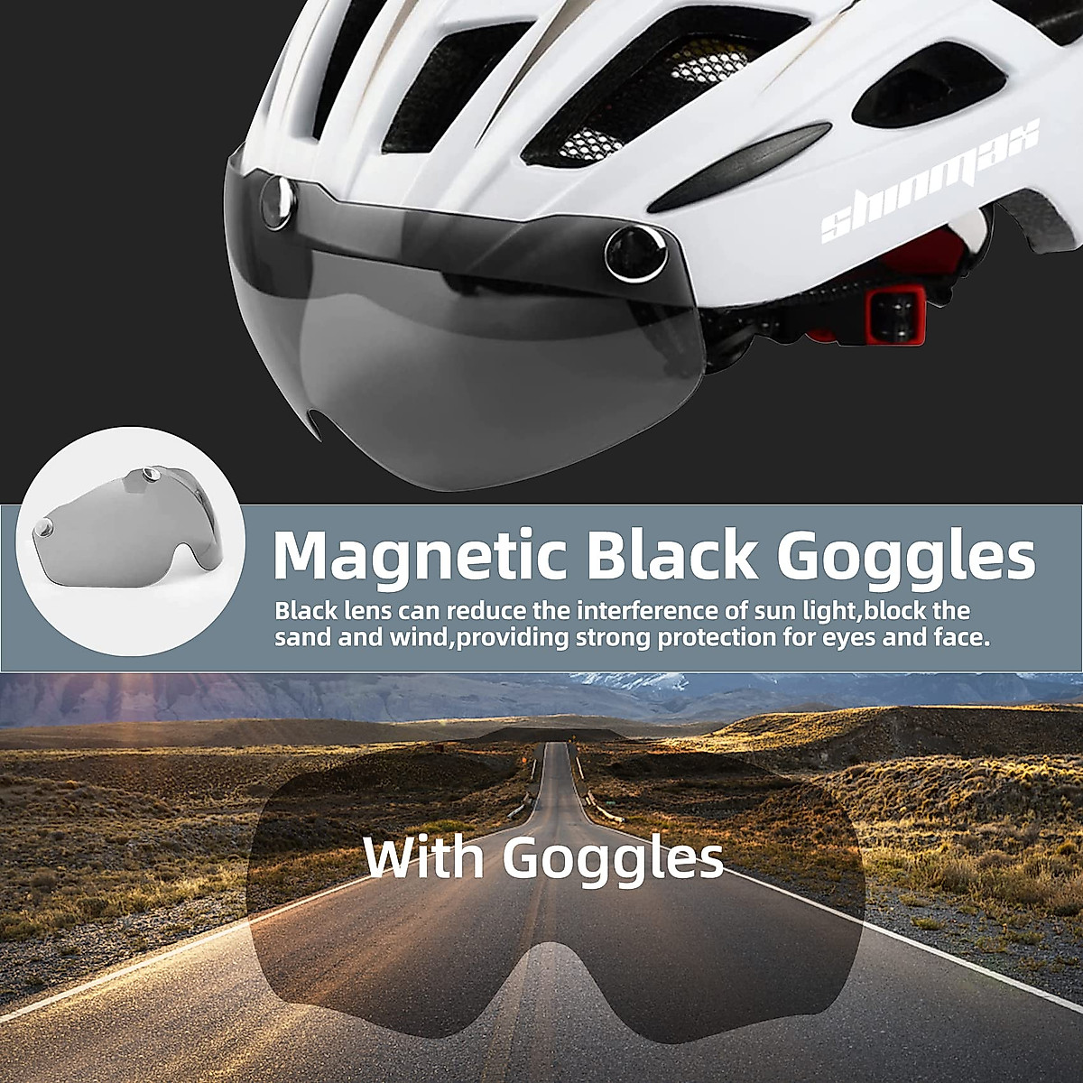 Shinmax Bike Helmet, CPSC/CPC Bike Helmet for Adult Men Women with Magnetic Goggles&Led Back Light Cycling Helmet Adjustable SM-T69