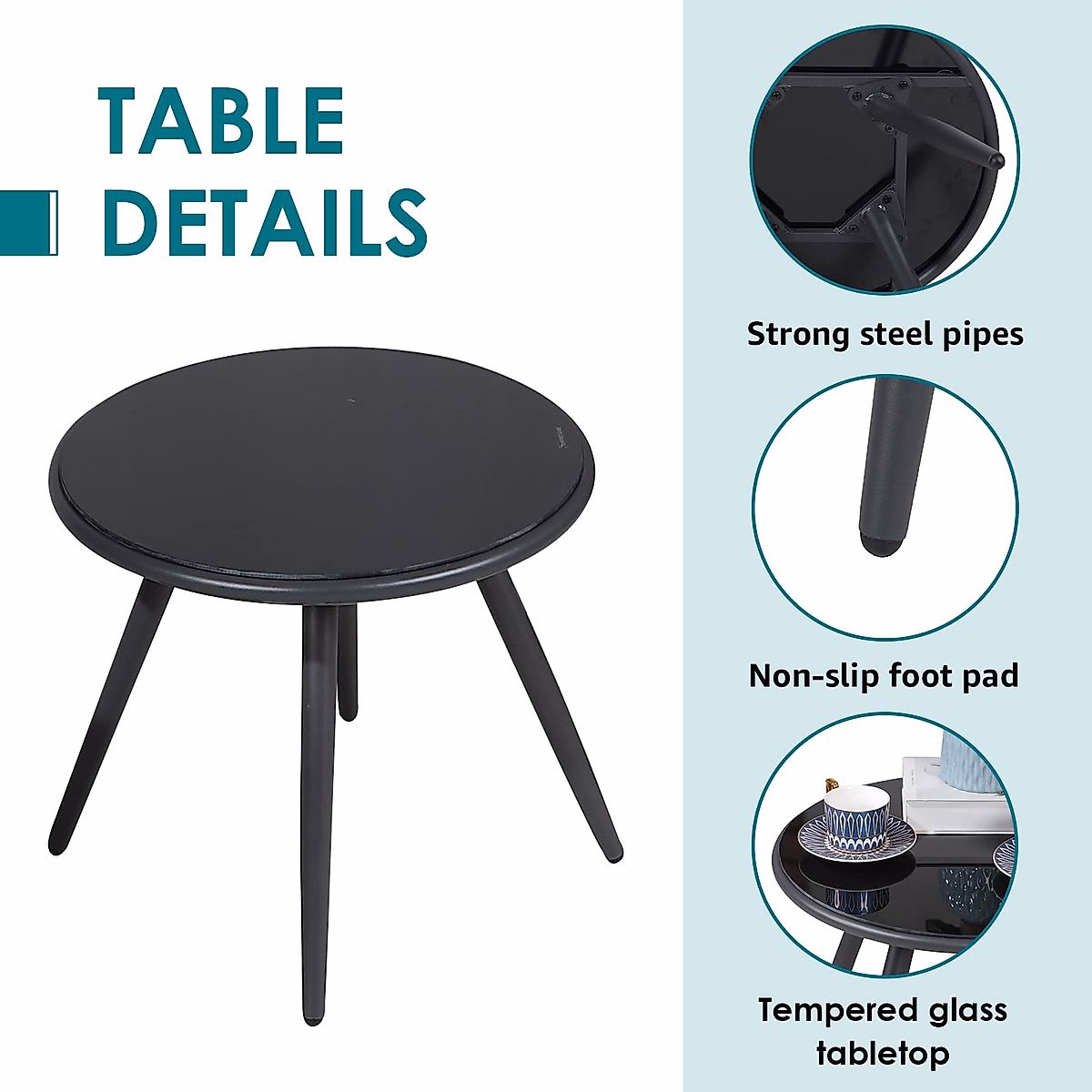 COBANA 3 Piece Patio Bistro Set, Outdoor Conversation Balcony Furniture Set with Glass Top Table and Cushioned Chairs, Black