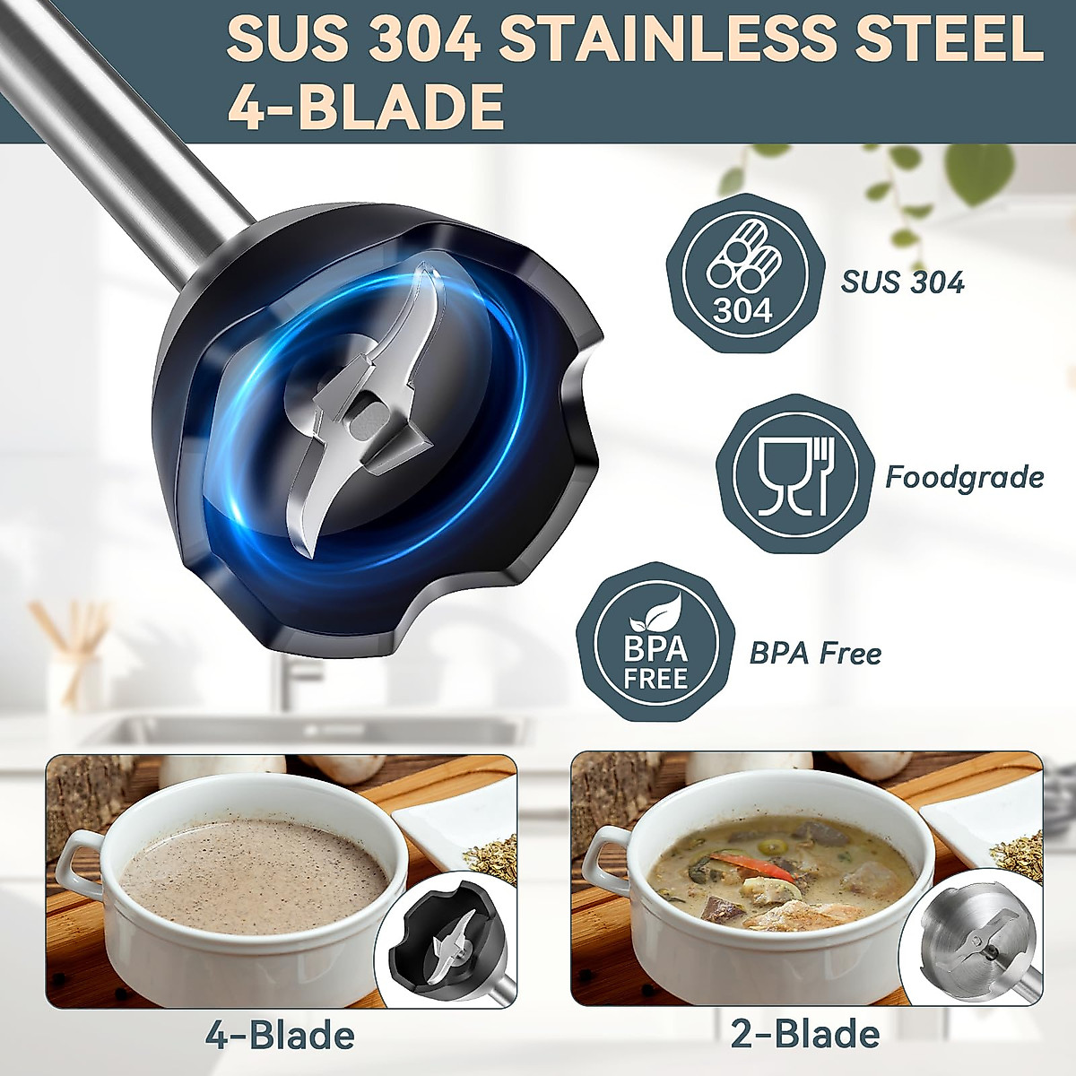 LINKChef 7 in 1 Immersion Blender Scratch Resistant, 2 Titanium Steel Blades 800W Hand Blender, 20 Speed and Turbo Mode Stick Blender Immersion with Whisk, Milk Frother, Food Processor, Beaker