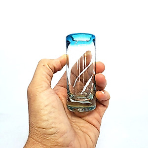 MexHandcraft Aqua Blue Rim 2 oz Tequila Shot Glasses (set of 6), Recycled Glass, Lead-free, Toxin-Free (Shot)