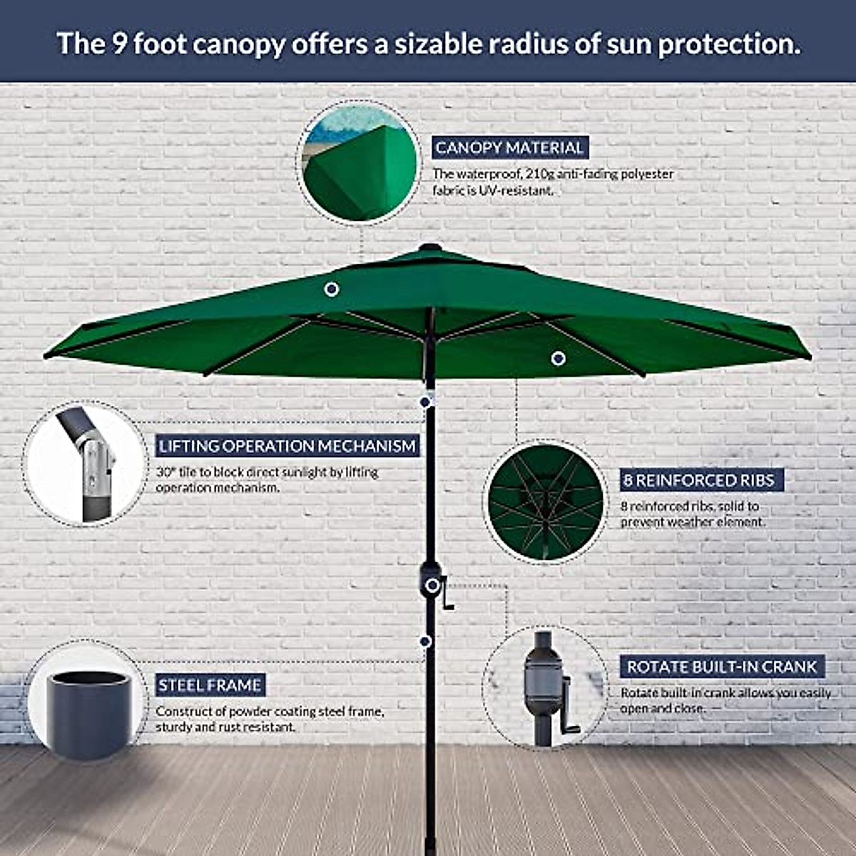 BELLEZE 9 Ft Outdoor Patio Table Umbrella, Sunproof Beach Umbrella with Push Button Tilt and Crank, 8 Sturdy Ribs Market Umbrella for Patio Furniture Set, Garden, Deck, Backyard - Green