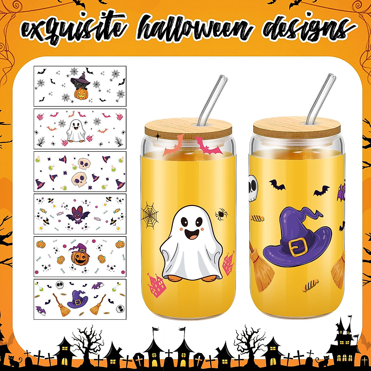Teenyyou 6 Set Halloween Glasses Cups 16 oz Halloween Pumpkin Ghost Skull Bat Cups Halloween Iced Coffee Cup with Lid Straw Cute Drinking Beer Tumblers for Halloween Party Gift Basket Stuffer