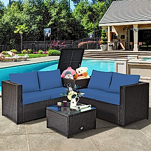 Toolsempire 4-Piece Patio Furniture Set, Navy Blue Rattan, Outdoor Sectional Sofa with Storage Box & Tempered Glass Tabletop, Furniture for Garden, Backyard, Poolside