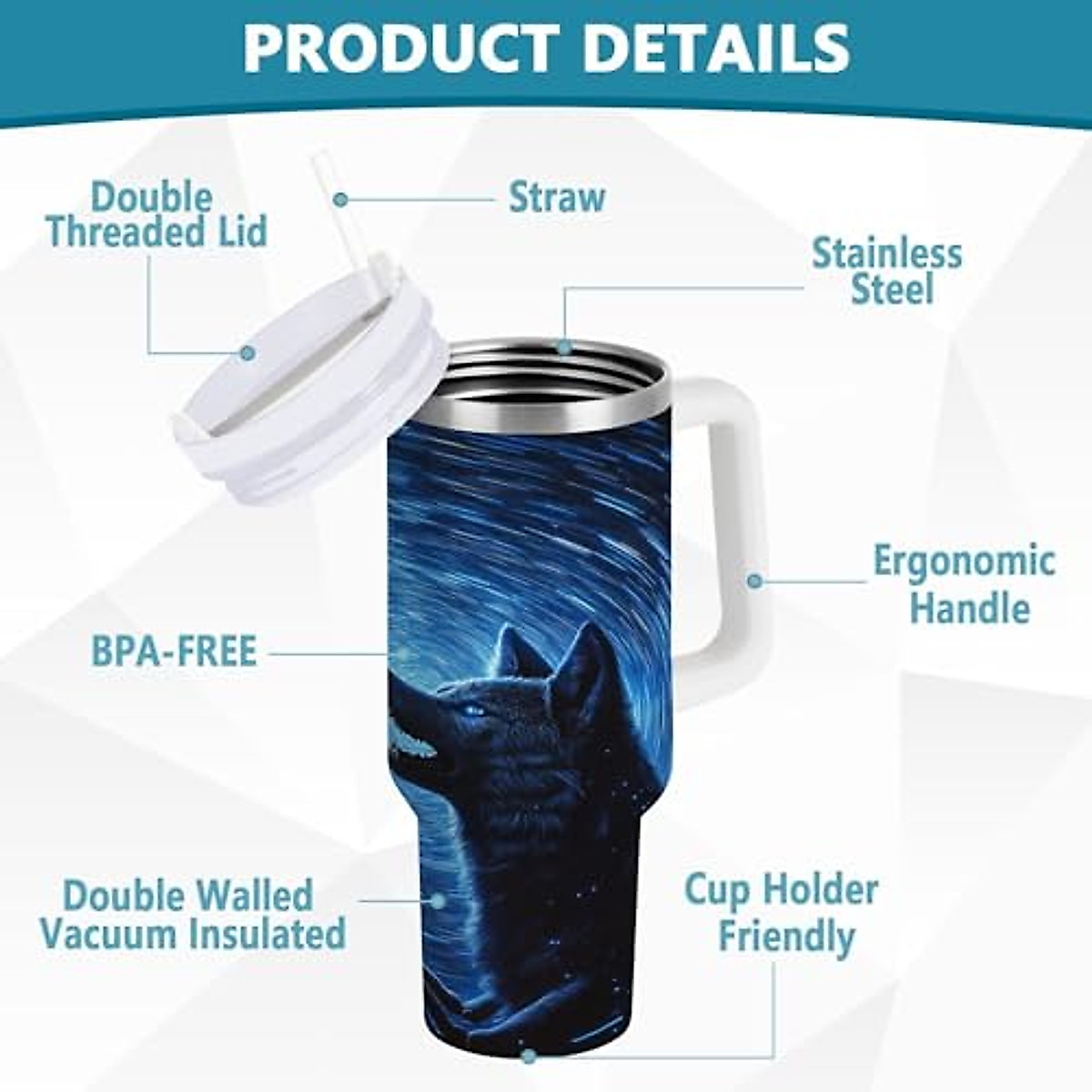 Slewiaeky Tumbler with Handle 40 oz Goth Skull Classic Wolf Travel Mug with Lid and Straw Stainless Steel Vacuum Insulated Water Bottle Cup for Iced Tea Coffee Cold Beverages Cup Holder Friendly