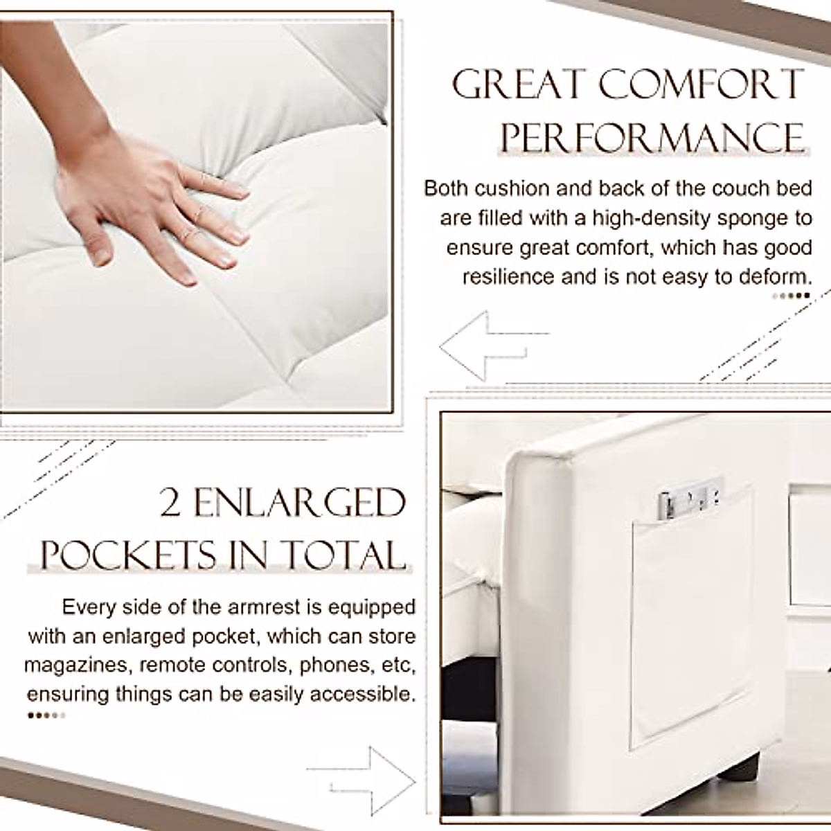 Velvet Pull Out Sleeper Sofa Bed, Convertible Futon Couch Bed with Adjustable Backrests, 3 in 1 Modern Loveseat with 2 Pockets and Pillows, Small Love Seat for Living Room, Guest Room, Off White