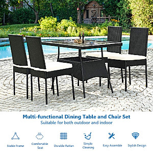 HAPPYGRILL 5-Piece Patio Dining Set Rattan Wicker Table Chairs Set with Cushions & Tempered Glass Table Top, Patio Furniture Outdoor Dining Set for Garden Poolside