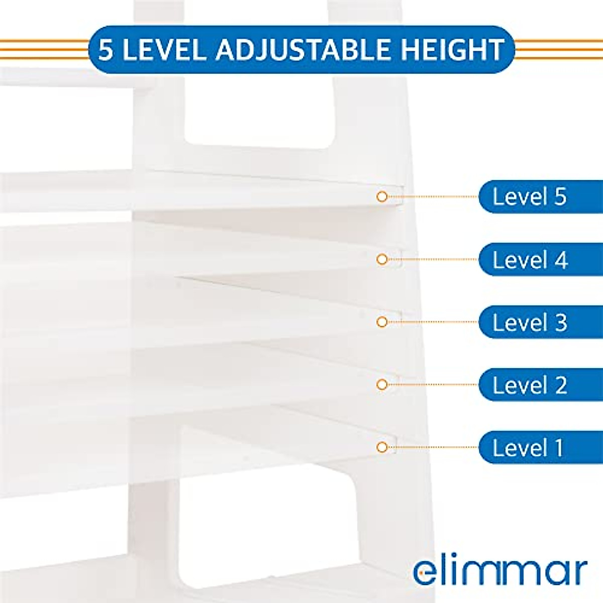 ELIMMAR Toddler Standing Tower - Wooden Learning Tower for Children - 5-Level Adjustable Height, Non-Slip Steps & Feet Pads, Silicone Mat, 2 Safety Bars - Helper Stool for Kids - White, 16x15.7x35.4