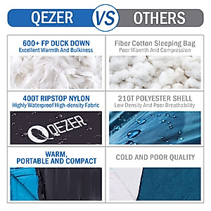 QEZER 0 Degree Sleeping Bag 650 FP Down Sleeping Bag for Adults Backpacking Sleeping Bag with Compression Sack