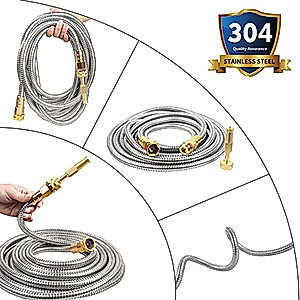 VERAGREEN Stainless Steel Metal Garden Hose 304 Stainless Steel Water Hose with Solid Metal Fittings and Newest Spray Nozzle, Lightweight, Kink Free, Durable and Easy to Store(50FT)