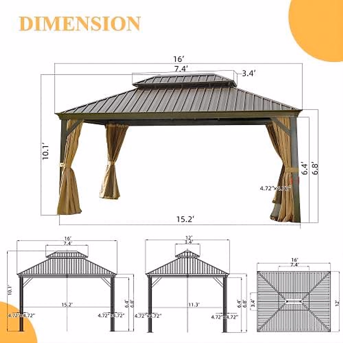 Domi Outdoor Hardtop Gazebo 12x16ft Metal Gazebos Backyard Pavilion Aluminum Roof Canopy with Mosquito Netting and Curtains for Patio,Garden,Lawn (Brown)