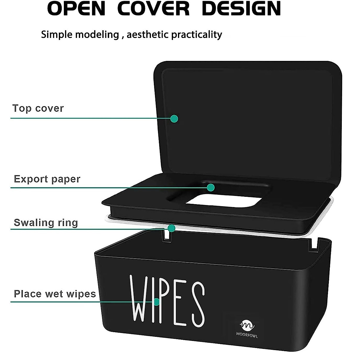 Moorfowl Baby Wipe Dispenser for Bathroom, Upgarde Design(8.2L x 4.9W x 3.9H inches), Minimalist Wipes Holder Container Flushable (Black-New)