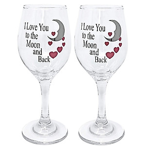 BANBERRY DESIGNS - Set of 2 Wine Glasses - I Love You to the Moon and Back Design with Red Hearts - 14 oz