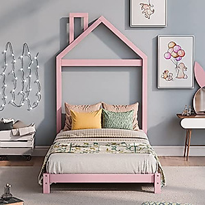 BIADNBZ Twin Size Platform Bed Frame with House-Shaped Headboard for Kids Boys Girls Bedroom, Wooden Slats Support, No Box Spring Needed, Pink