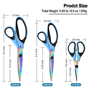 Craft Scissors Set of 3 Pack, All Purpose Sharp Titanium Blades Shears, Rubber Comfort Grip Handle, Multipurpose Fabric Scissors Tool Set Great for Office, Sewing, Arts, School and Home Supplies, Blue