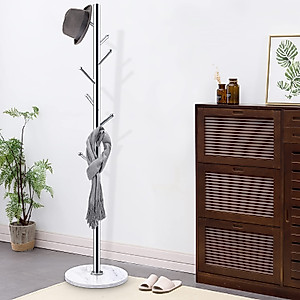 Homde Metal Coat Rack Stand with Natural Marble Base, Stainless Steel Freestanding Clothes Tree Hanger with 8 Hooks, Hall Hanger for Coat Jackets Hat Scarves Handbags Entryway Bedroom (Silver)