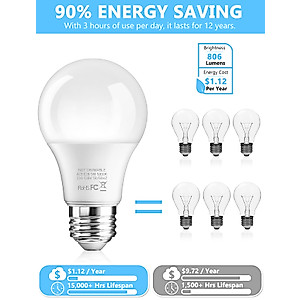 BTBHIHO 6-Pack A19 LED Light Bulbs 60W Equivalent 806 Lumens, 9W 5000K Warm White Non-Dimmable, No Flicker, Super Bright CRI85+ Standard E26 Edison Screw Bulbs for Bedroom, Home, Office