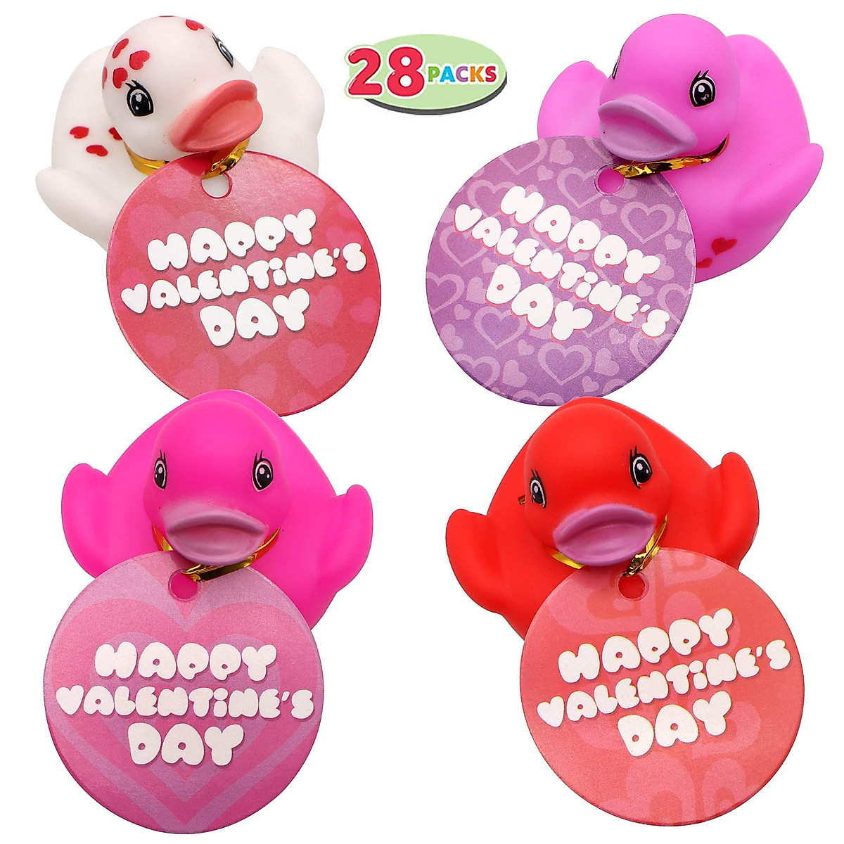 JOYIN 28 Pack Valentine’s Day Gift Cards with Gift Mini Rubber Duck Bath Toys for Classroom Exchange Prizes, Valentine Party Favors Toys